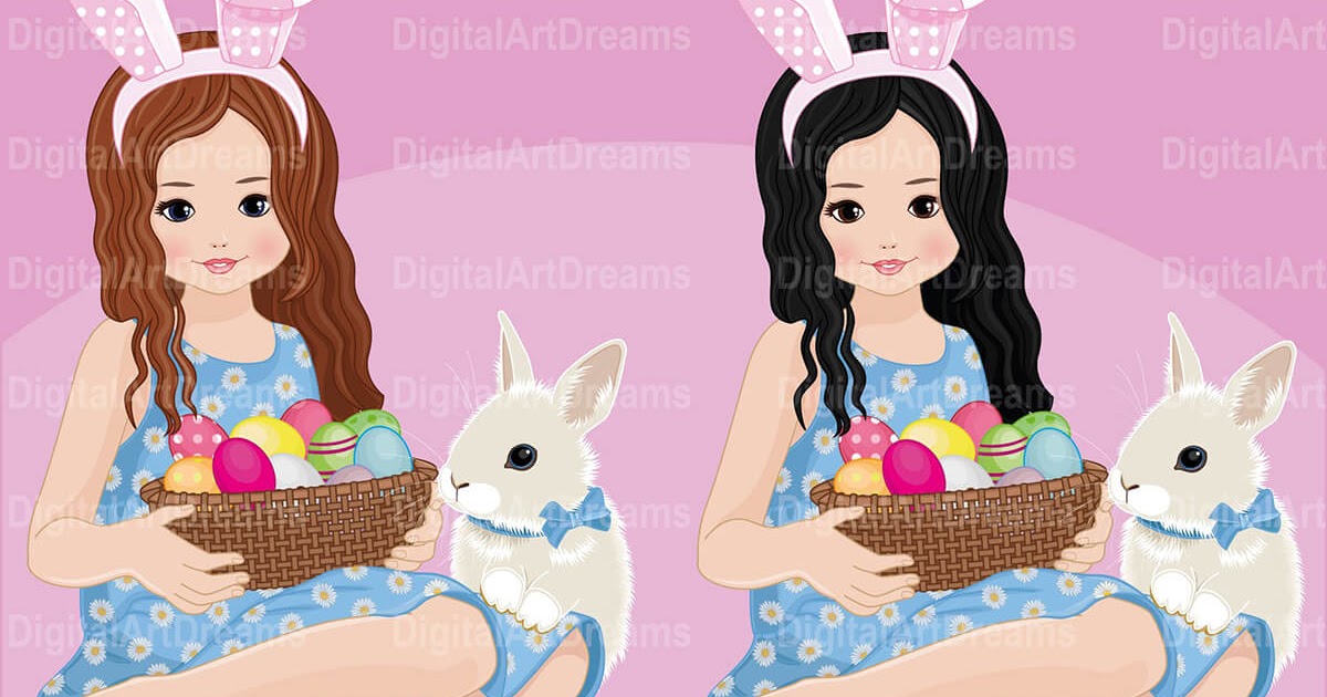 Little Girl Easter Clipart Images with a Bunny