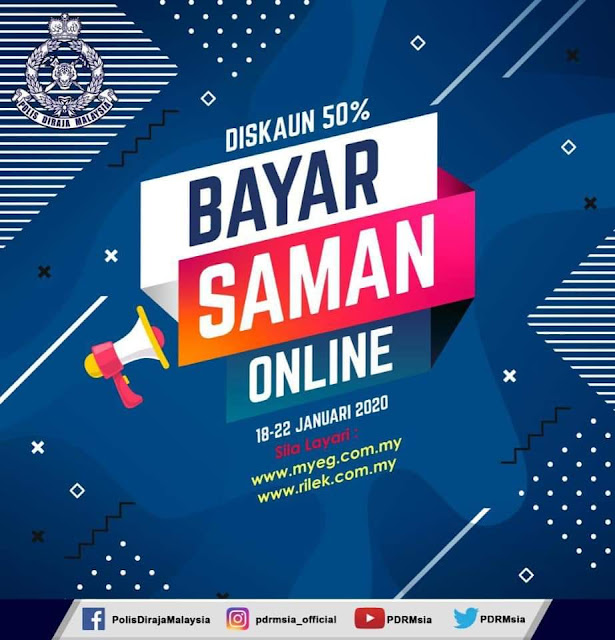 Diskaun 50% Bayar Saman PDRM Online Sehingga 22 Januari 2020