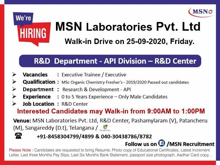 MSN Labs | Walk-in interview from Freshers & Expd in R&D on 25 Sept 2020