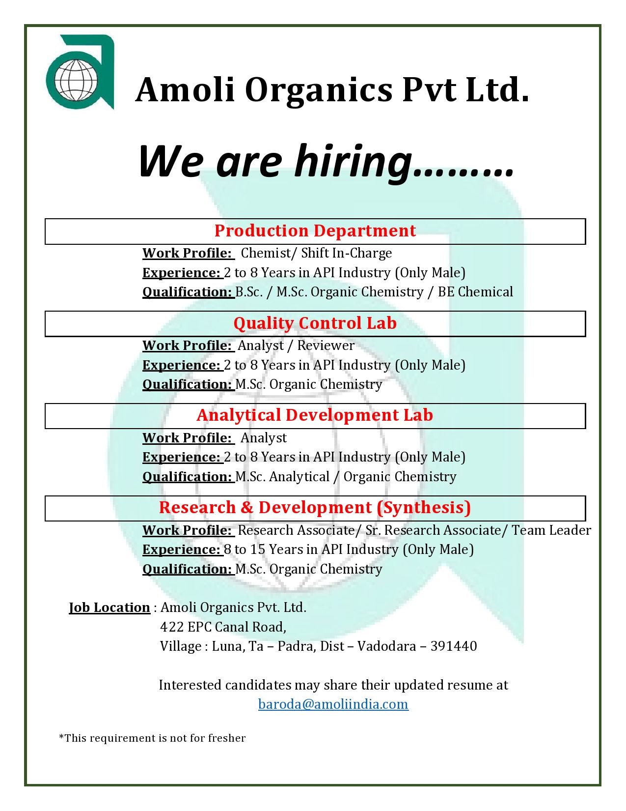 Multiple Openings for Production / QC / Analytical Development Lab / R&D Departments @ Amoli ...