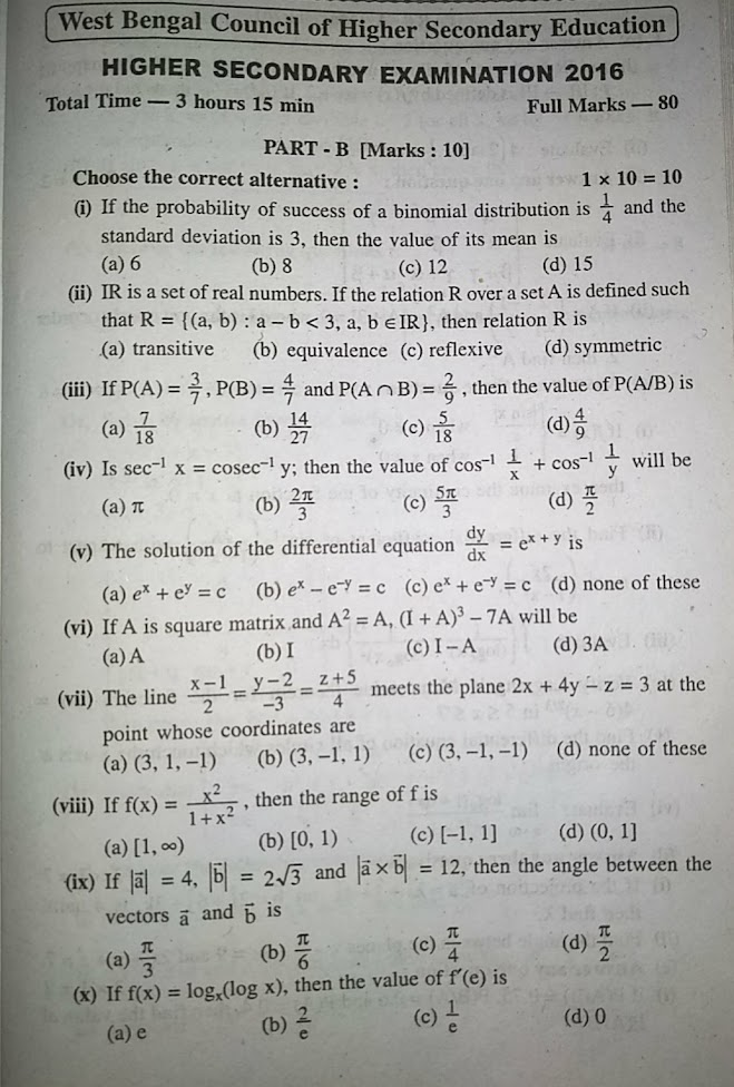 HS Mathematics Previous year question papers PDF (PYQ)