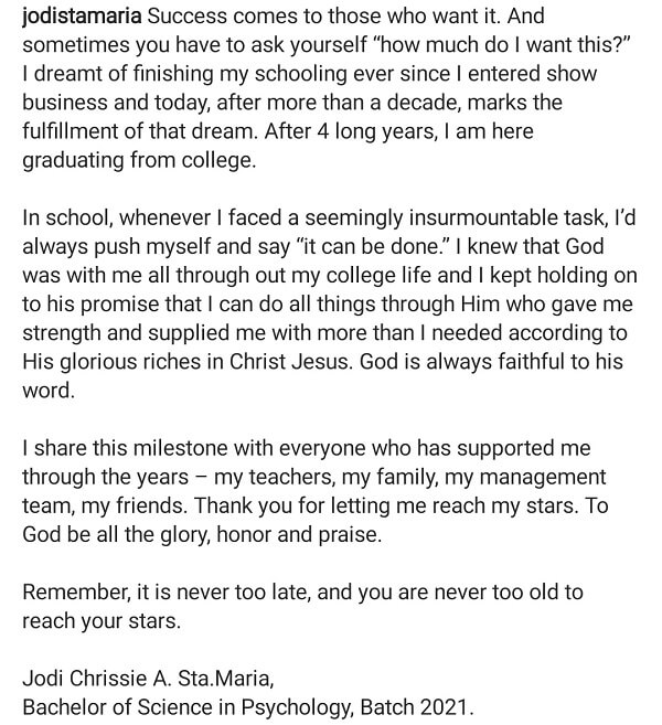 Insta Scoop: Jodi Sta. Maria Shares Graduation to All Supporters ...