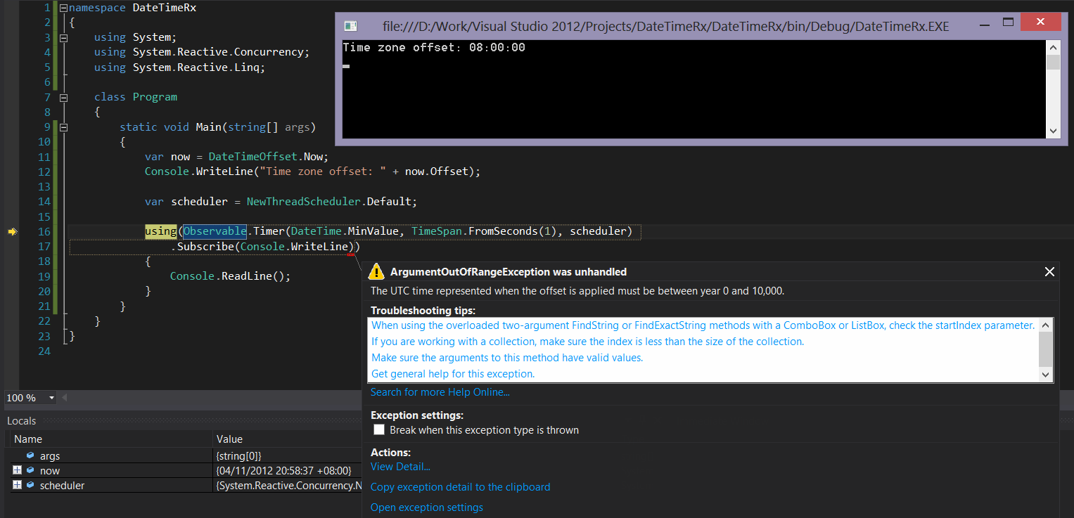 Observable.Timer throws ArgumentOutOfRangeException Observable.Timer throws ArgumentOutOfRangeException