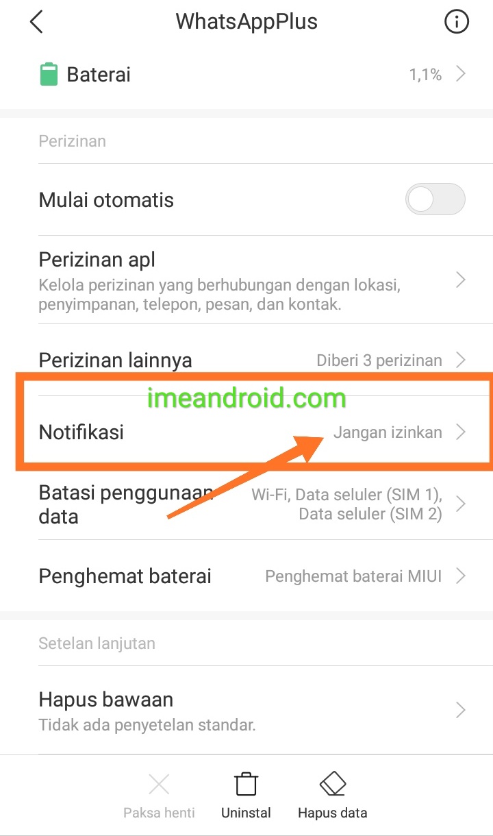 Mengaktifkan WhatsApp agar notifikasi muncul