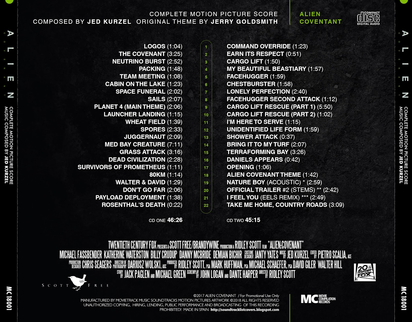 Soundtrack List Covers: Alien Covenant Complete (Jed Kurzel)