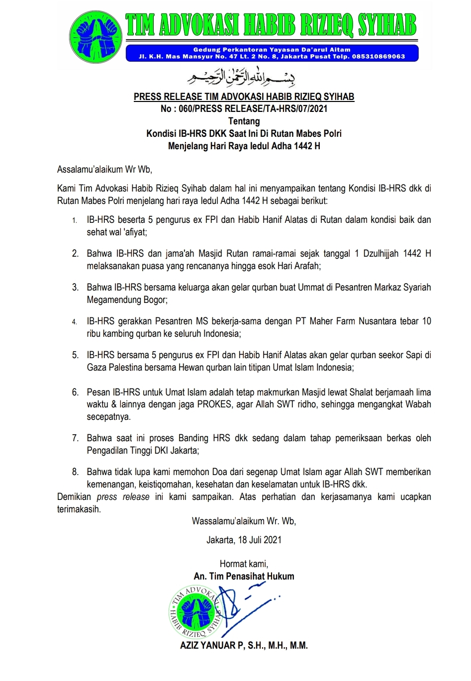 Press Release TA HRS Tentang Kondisi IB HRS Dkk di Rutan Mabes Polri ... Press Release TA HRS Tentang Kondisi IB HRS Dkk di Rutan Mabes Polri ...