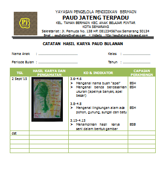 Contoh Catatan Hasil Karya Anak Penilaian PAUD Kurikulum 2013 Lengkap - JADWAL PENDIDIKAN