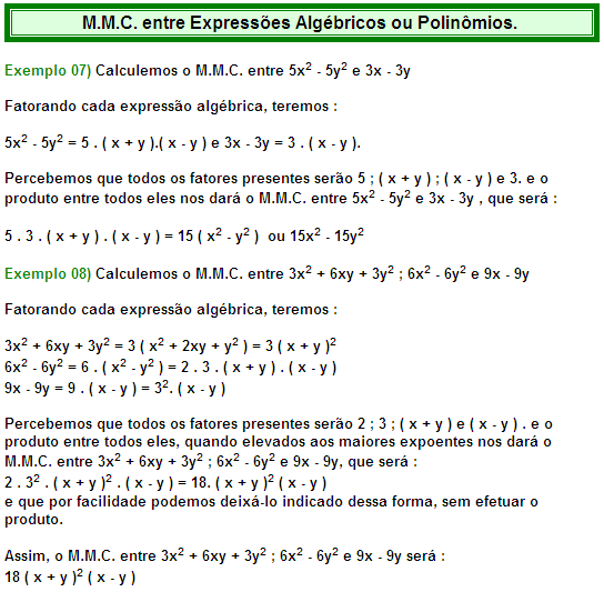 MDC E MMC ENTRE EXPRESSÕES ALGEBRICAS ~ PROFª CRIS MENDES