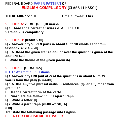 FBISE Class 11 English compulsory model paper, pattern & scheme of ...