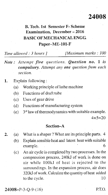 MDU B.Tech 1st Semester Basics of Mechanical Engg Dec 2016 Question Paper - University Question ...