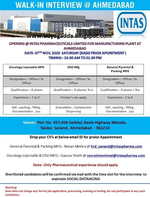 UDYOG ADDA: Intas Pharmaceuticals Ltd - Walk-In Interviews for Multiple Positions on 7th Nov' 2020