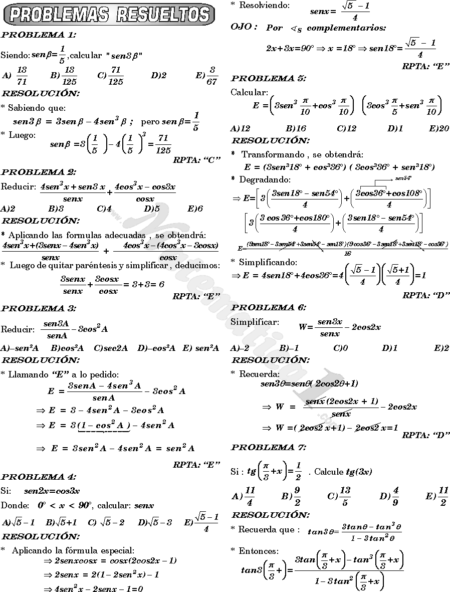 IDENTIDADES DEL ANGULO TRIPLE EJERCICIOS RESUELTOS DE TRIGONOMETRIA DE ...