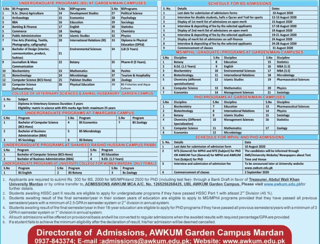Abdul Wali Khan University, Mardan ( AWKUM), Mardan announced admission ...