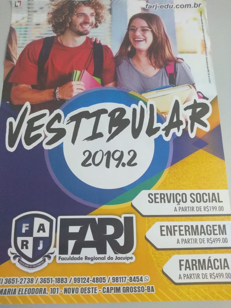 Atenção Mairi e região! Vestibular 2019.2 na FARJ em Mairi-BA