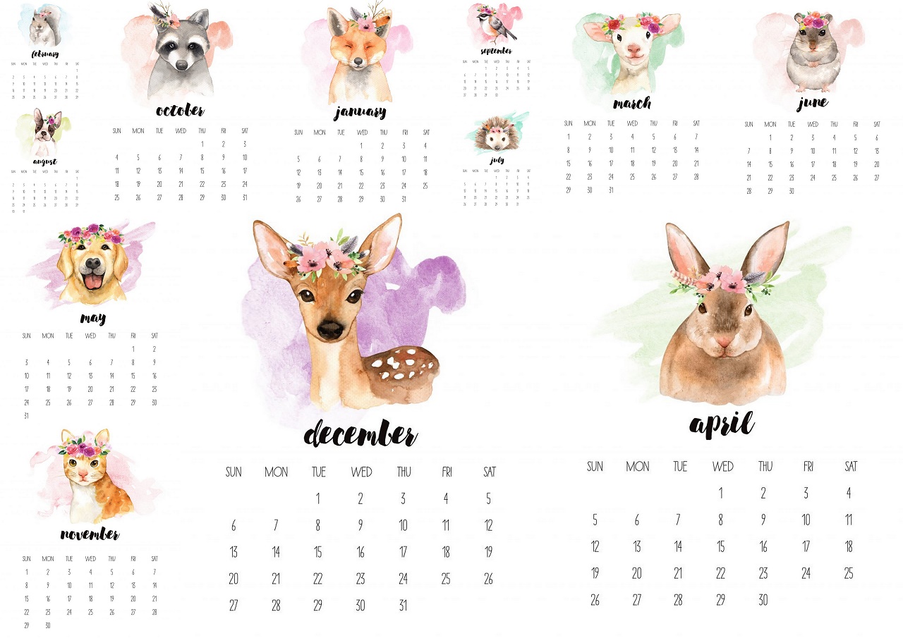 Watercolor Animals: Free Printable 2020 Calendar - Oh My Fiesta! in english