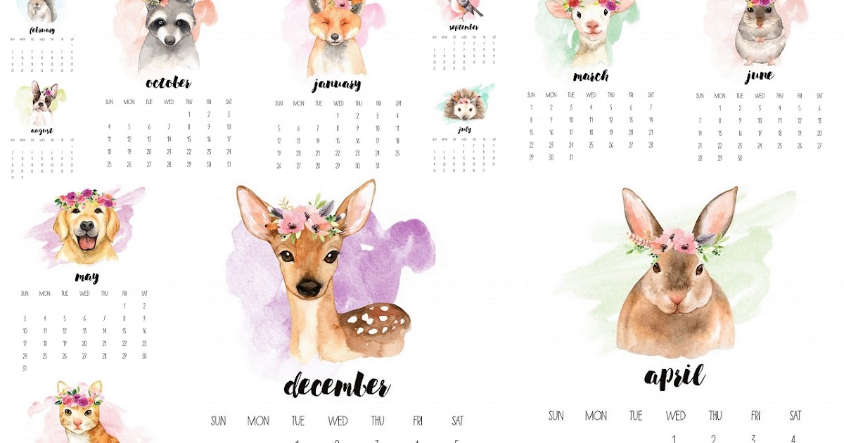 Watercolor Animals: Free Printable 2020 Calendar - Oh My Fiesta! in english