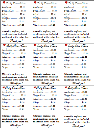 All Things Doll: Dolly Diner Menu Printable for Dolls!