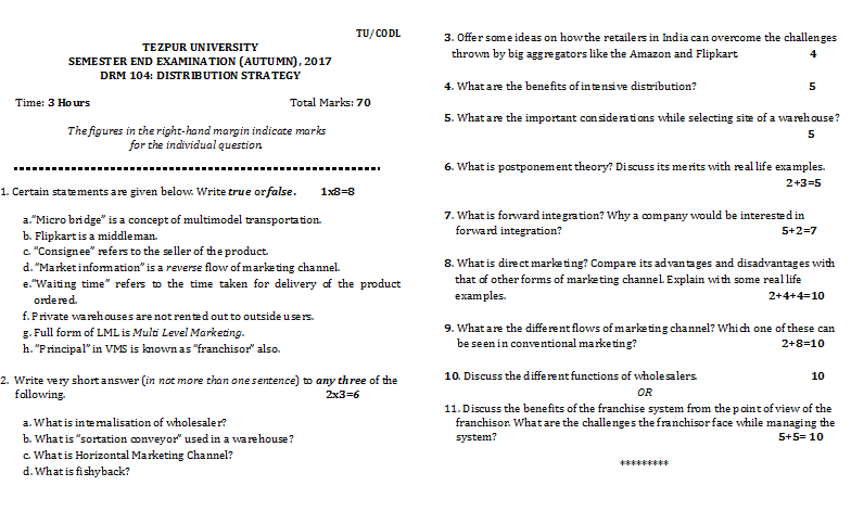 TEZPUR UNIVERSITY (TU/CODL) SEMESTER END DRM 104: DISTRIBUTION STRATEGY ...