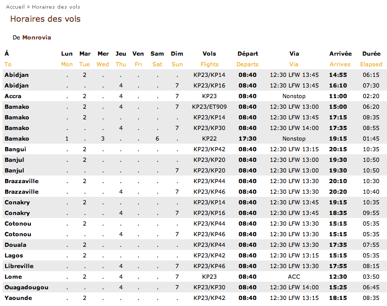 The Timetablist: ASKY Airlines: Service to and from Monrovia, Spring 2011