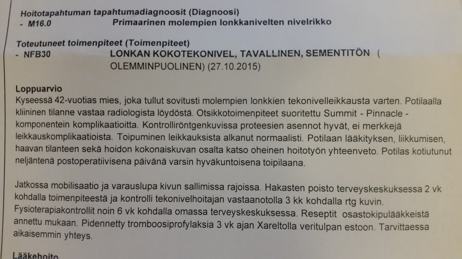 Vaihtonivelmies: Luontoterapiaa, potilaskertomus ja leikkaushaavat
