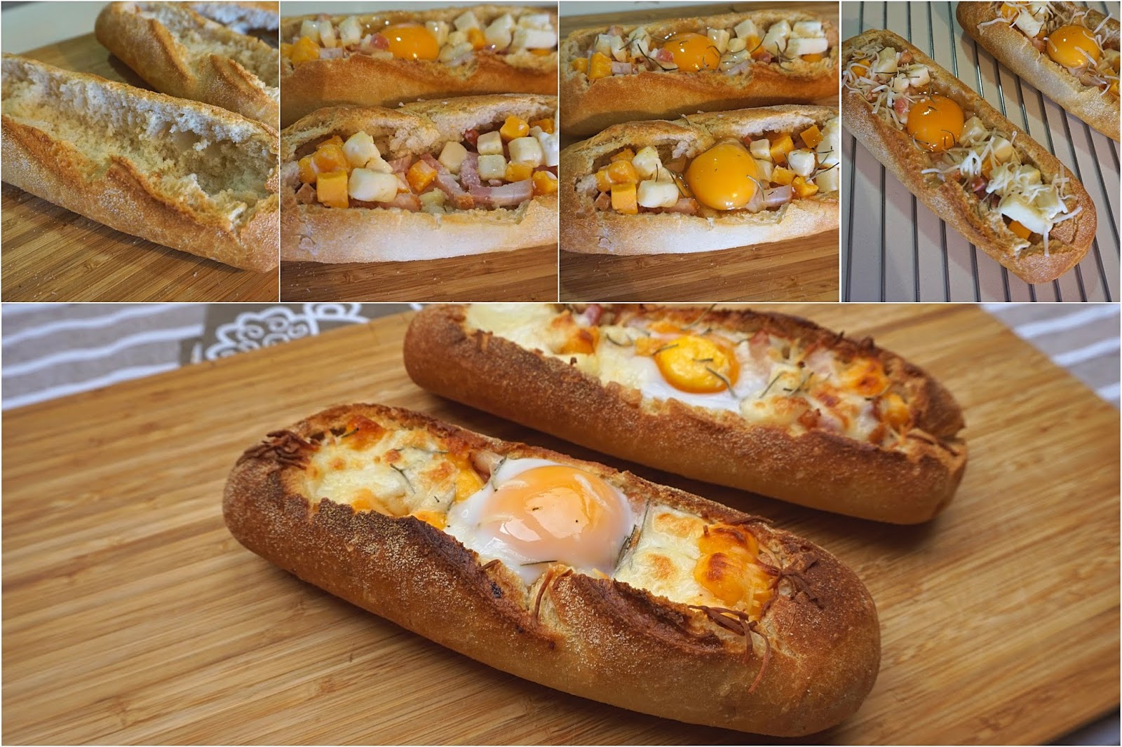 Panes rellenos de huevo, bacon y queso.