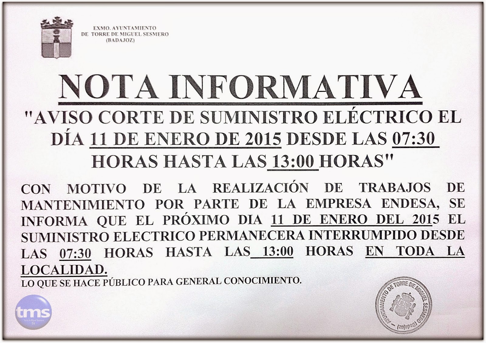 Ayuntamiento de Torre de Miguel Sesmero.: Nota Informativa