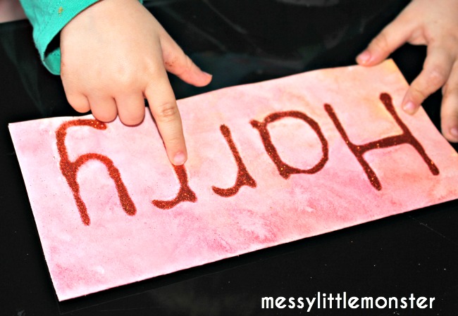 Name Writing Activity using Glitter Glue - Messy Little Monster