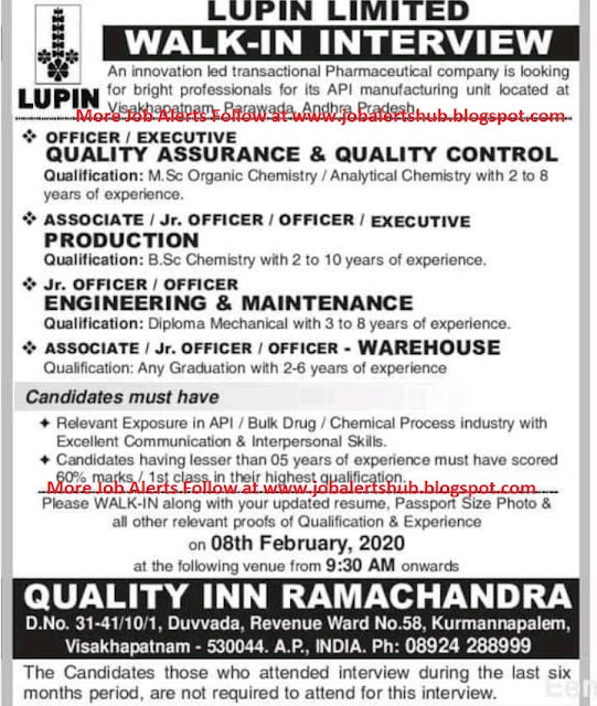 LUPIN LTD - Walk-In Interview on 8th feb 2020 for Production / QA ...