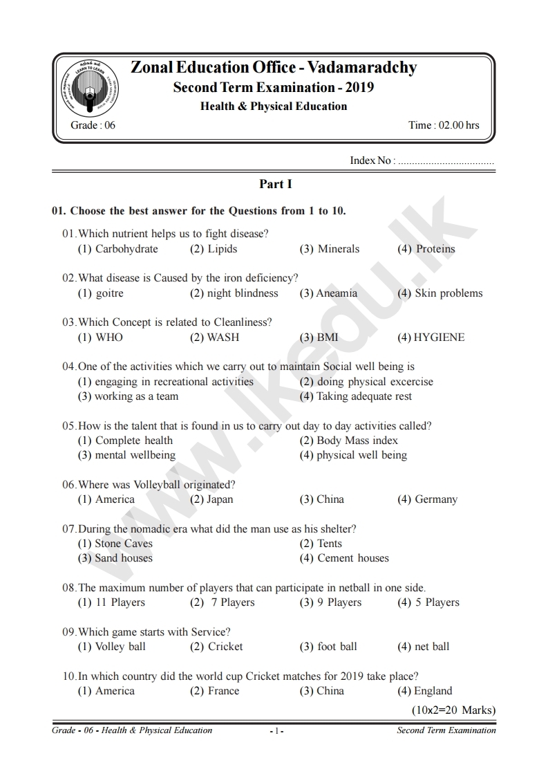 Grade 6- Health - Vadamaradchi zone - second term- 2019 - www.lkedu.lk