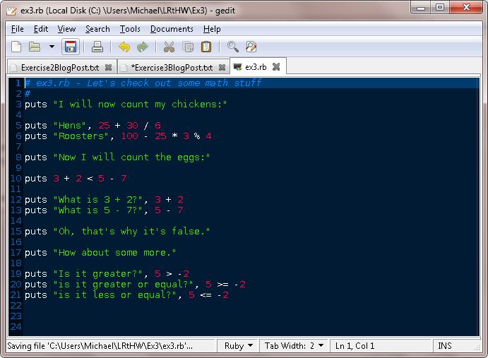 TESTHEAD: Exercise 3: Numbers And Math: Learn Ruby The Hard Way: Practicum