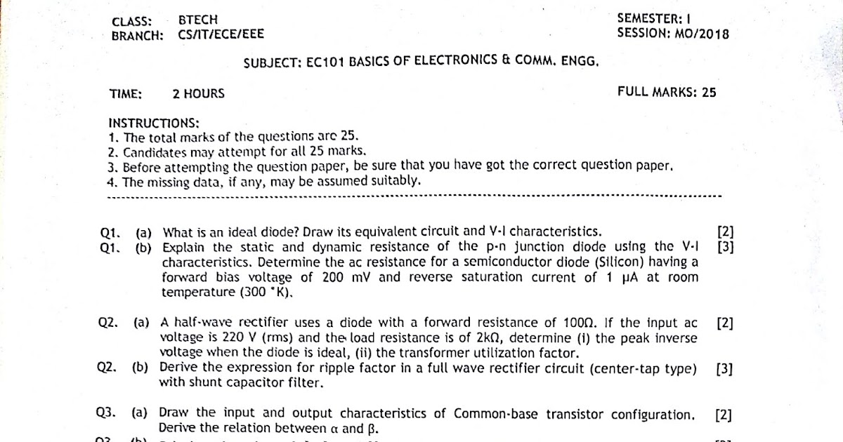 EC101 Basics of Electronics & Communication Engineering bit mesra question paper
