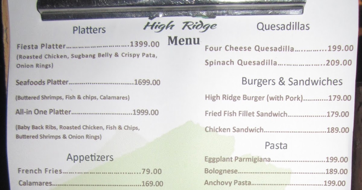2015 Food Menu of High Ridge Aluba Upper Macasandig Cagayan De Oro City ...