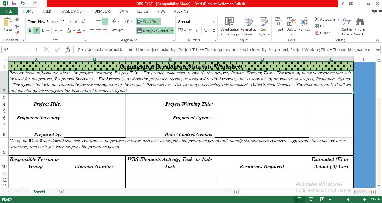 Organization Breakdown Structure Template