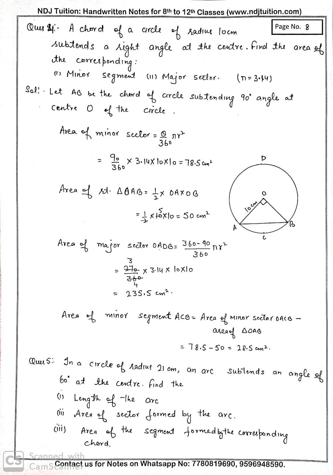 Area Related To Circle Handwritten Notes For Class 10th Maths