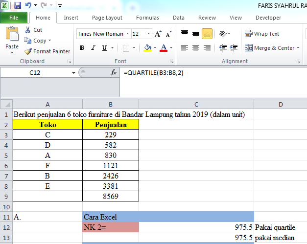 Cara Mencari Kuartil,Desil dan Presentil di Data Tunggal Dengan Excel