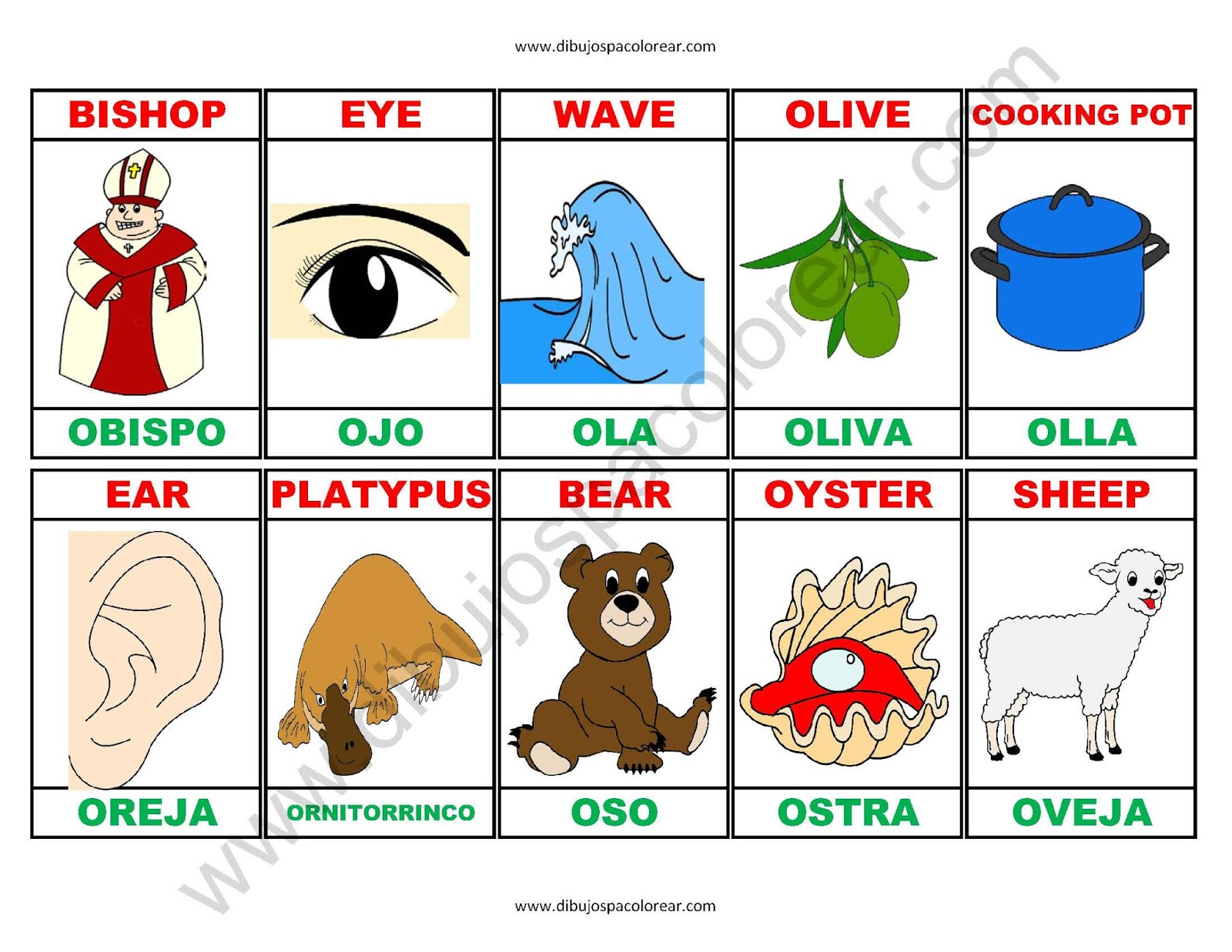 Memorama a color Español - Ingles de la letra O