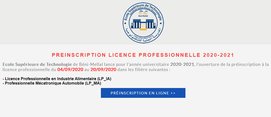 Licences professionnelles accès S5 à l'EST Béni Mellal 2020-2021