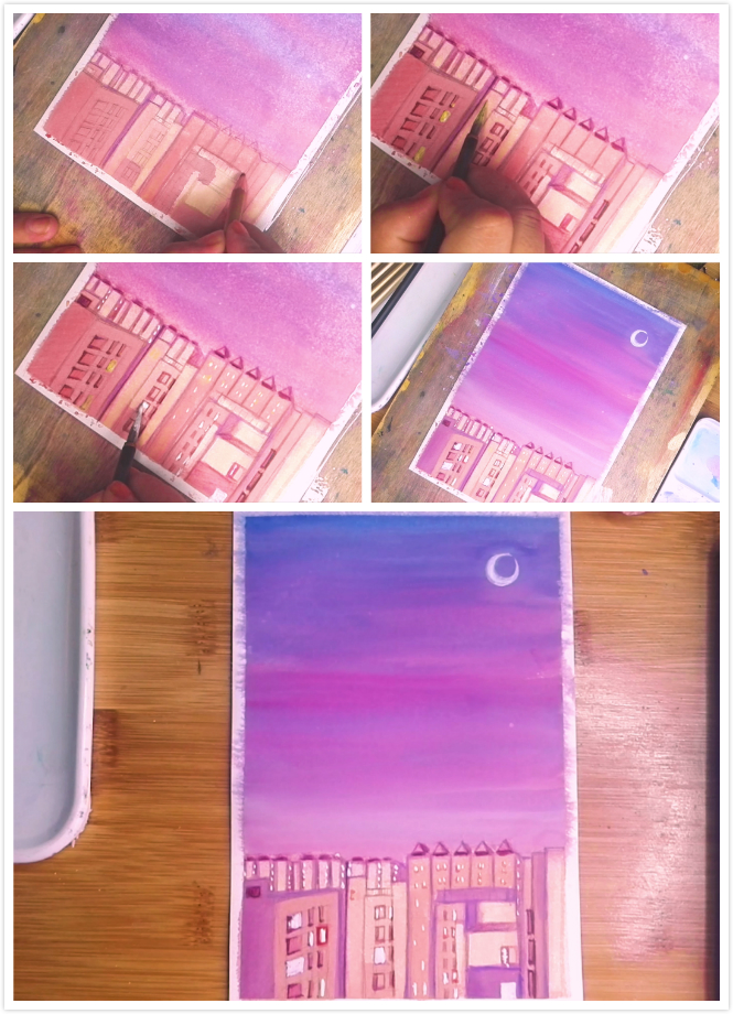 How to draw a pink style sunset with watercolor tutorial step by step ...