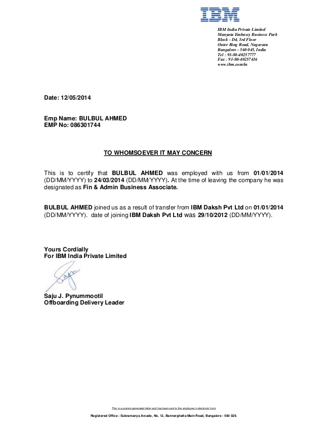 Experience Letter Format - Formal Letter