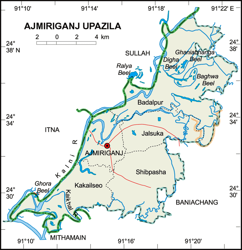 Maps of Bangladesh: Political Map of Ajmiriganj Upazila - Habiganj District