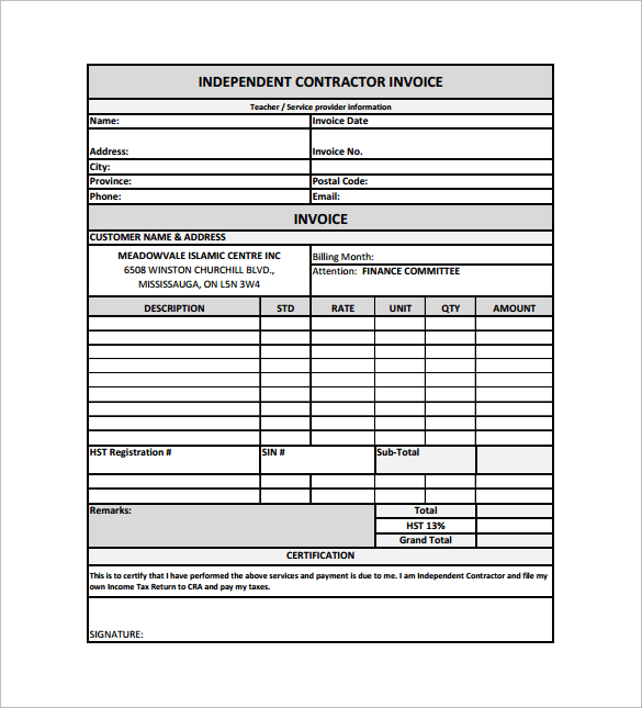 Contractor Receipt Sample - Invoice Template