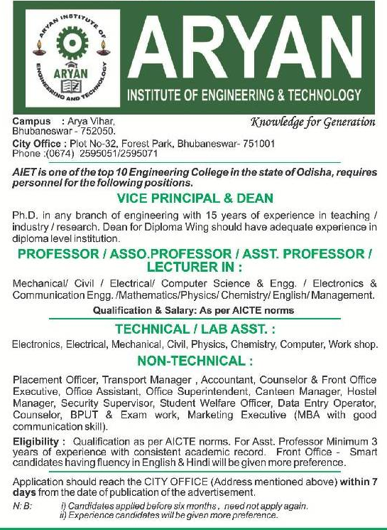 Aryan Institute of Engineering and Technology, Bhubaneswar Wanted Vice ...