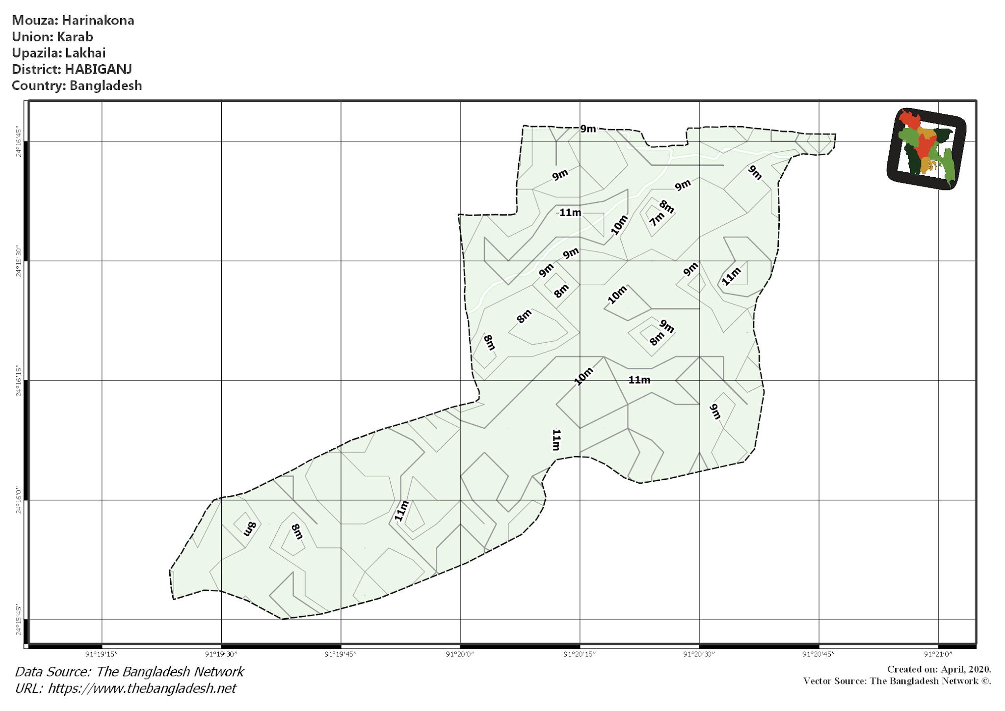 Map of Harinakona Mouza, Lakhai, Habiganj