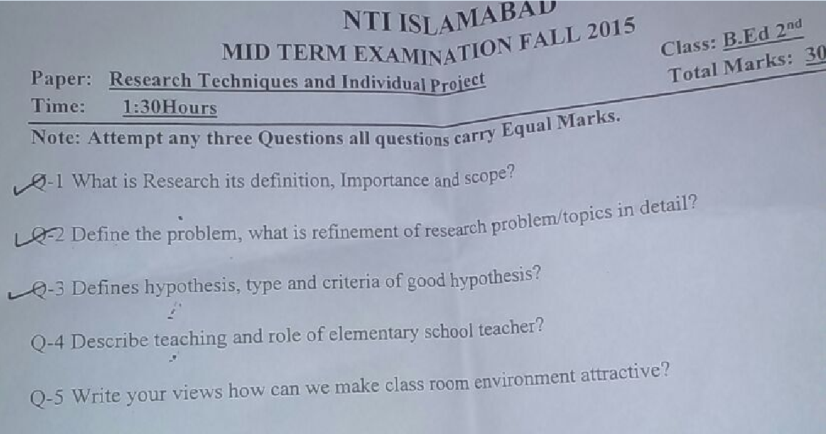 B.Ed in NTI 2014-15: Research technique || mid term paper 2015