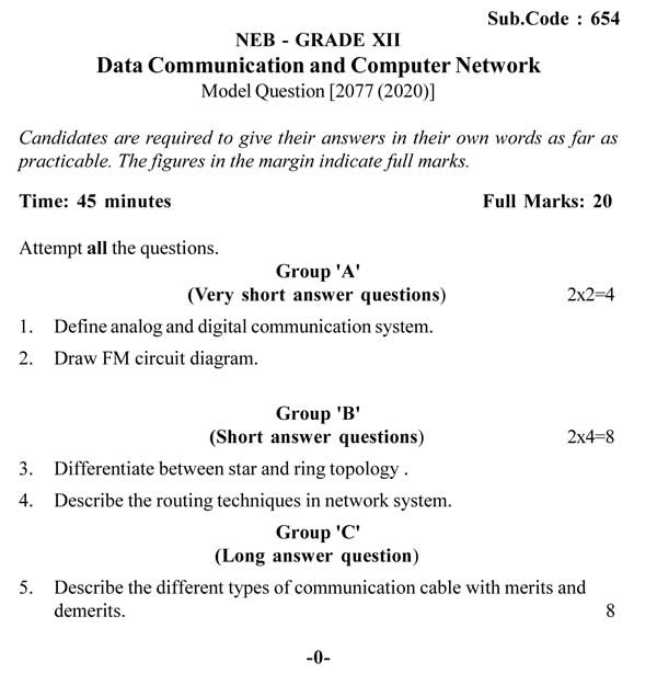 NEB Grade 12 Data Communication and Computer Network Model Questions NEB Grade 12 Data Communication and Computer Network Model Questions