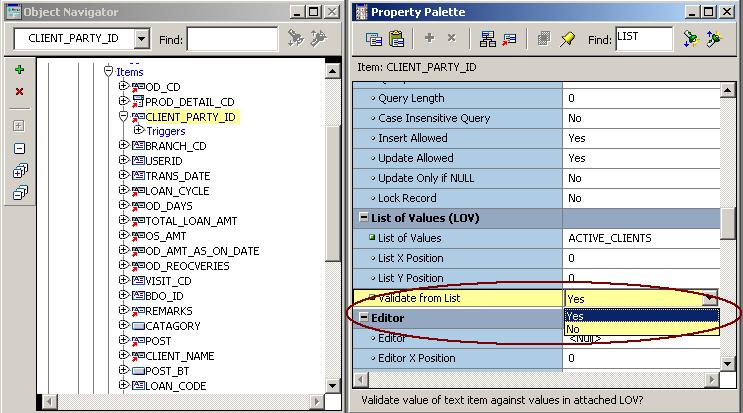 What is the Validate from List Property of an item in Oracle Forms