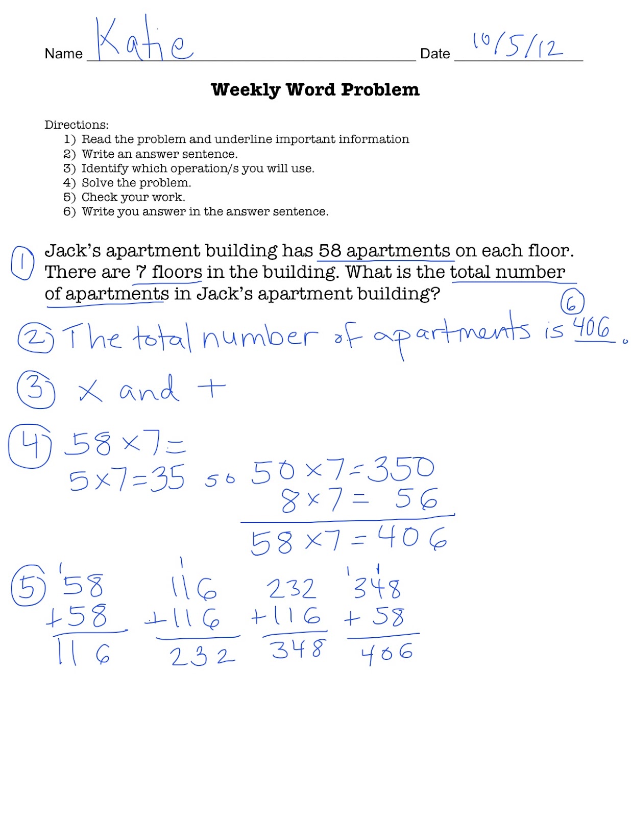 Fourth Grade Adventurers: Sample Weekly Word Problem