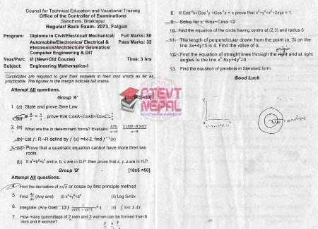 Engineering Mathematics I - 1st Semester Questions Papers CTEVT ...