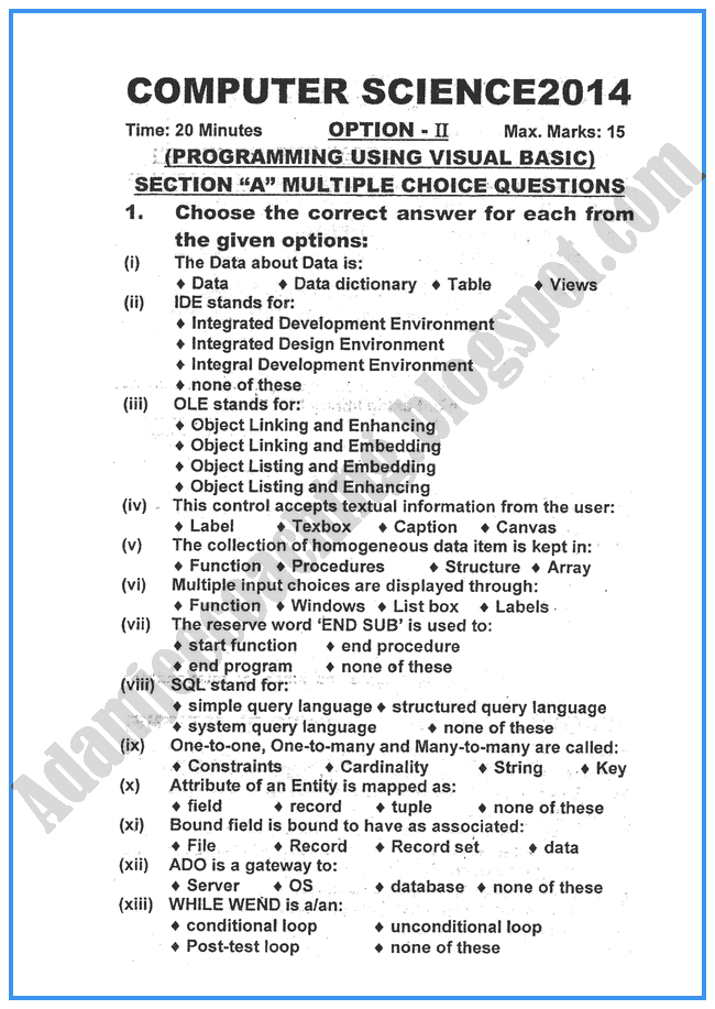 Adamjee Coaching Computer Science 2014 Past Year Paper Class Xii