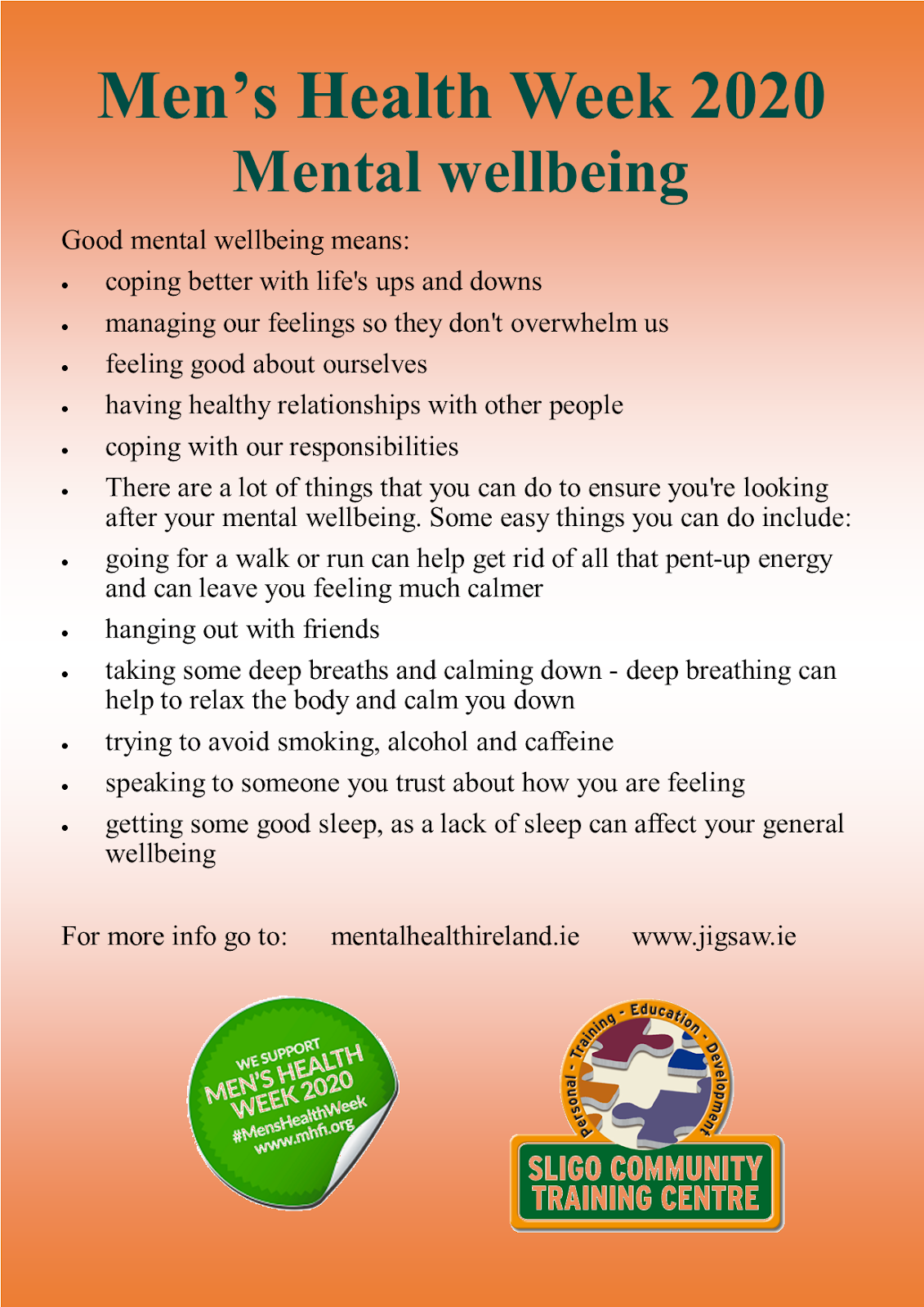Men's Health Week 2020 - Mental Wellbeing - Sligo Community Training Centre